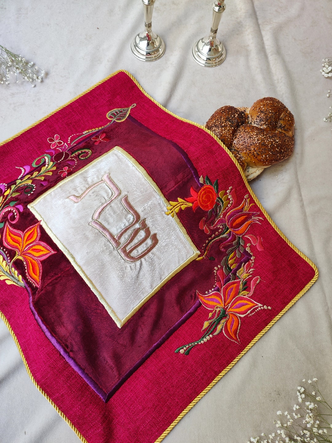 Red Hand Embroidered Challah Cover With Lotus Flowers / Velvet Challah ...