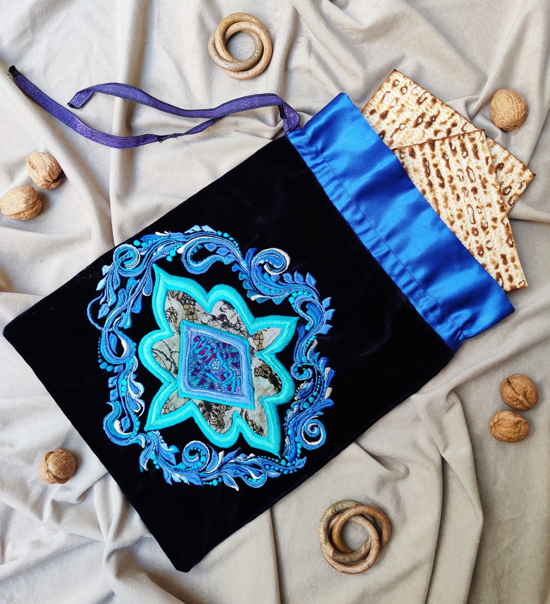 Hand Embroidered Afikoman Bag in Traditional Design, Blue Flower ...