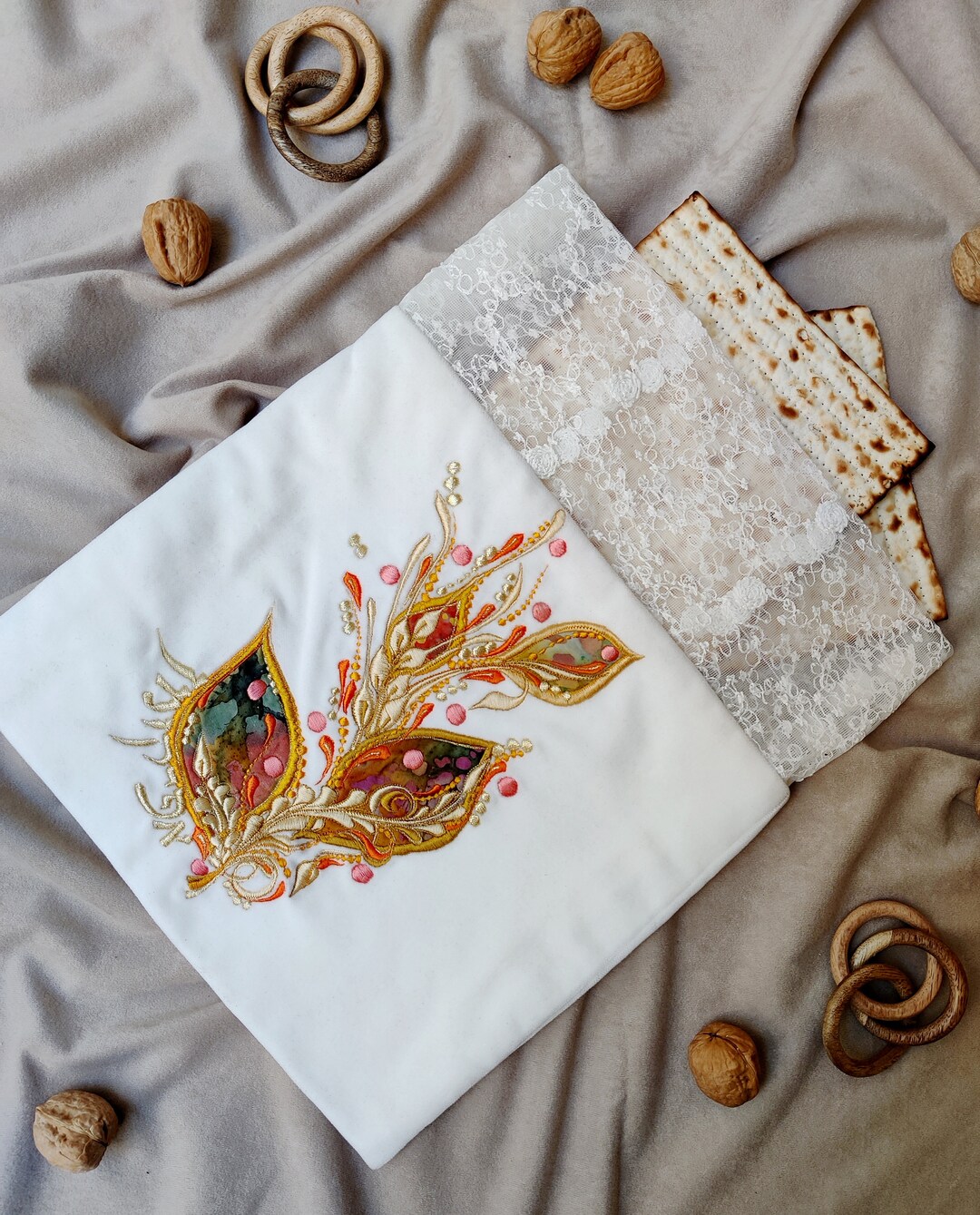 Luxury Flowers Hand-embroidered Afikoman Bag, White With Golden Flowers ...