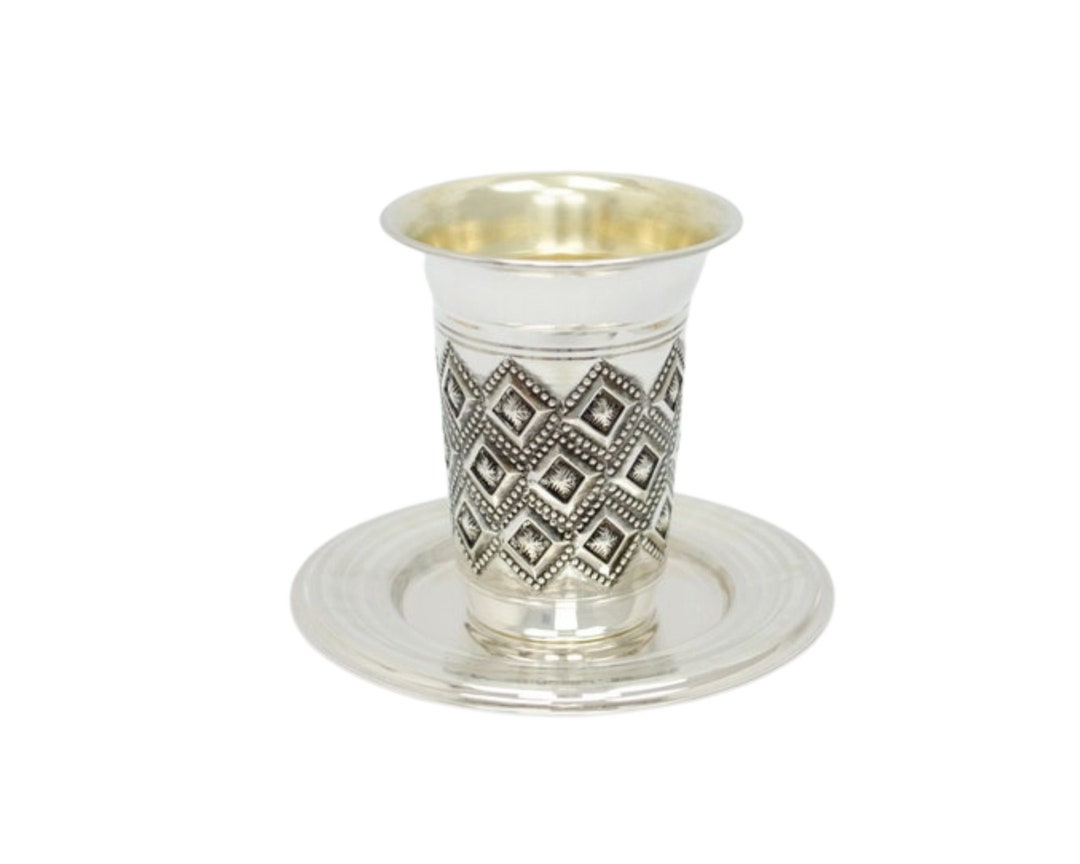 Sterling Silver Kiddush Cup With Geometric & Beads Design, Traditional ...