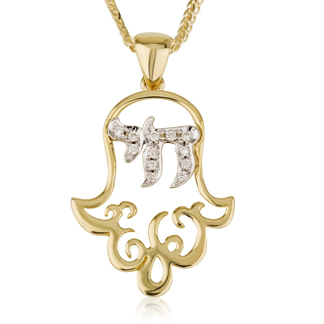 Elegant Gold Hamsa Pendant, Chai Pendant, 14k Gold Hamsa, Diamond Chai ...