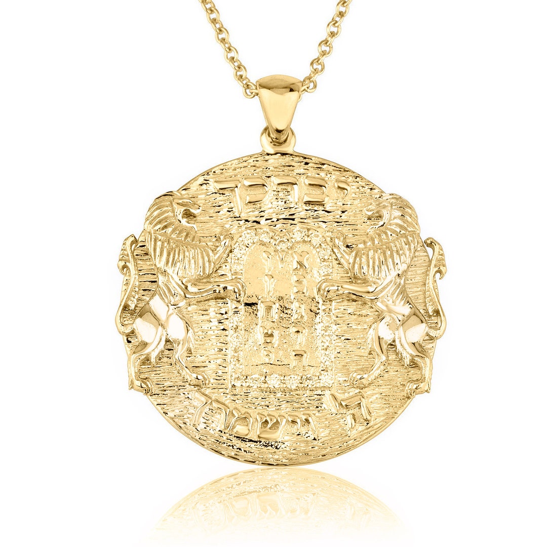 Special 14K Yellow Gold Ten Commandments Necklace With Two Jerusalem ...