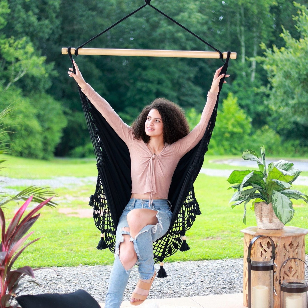 Hammock Chair Swing, Black Accent Chair, Black Hanging Chair, Macrame ...