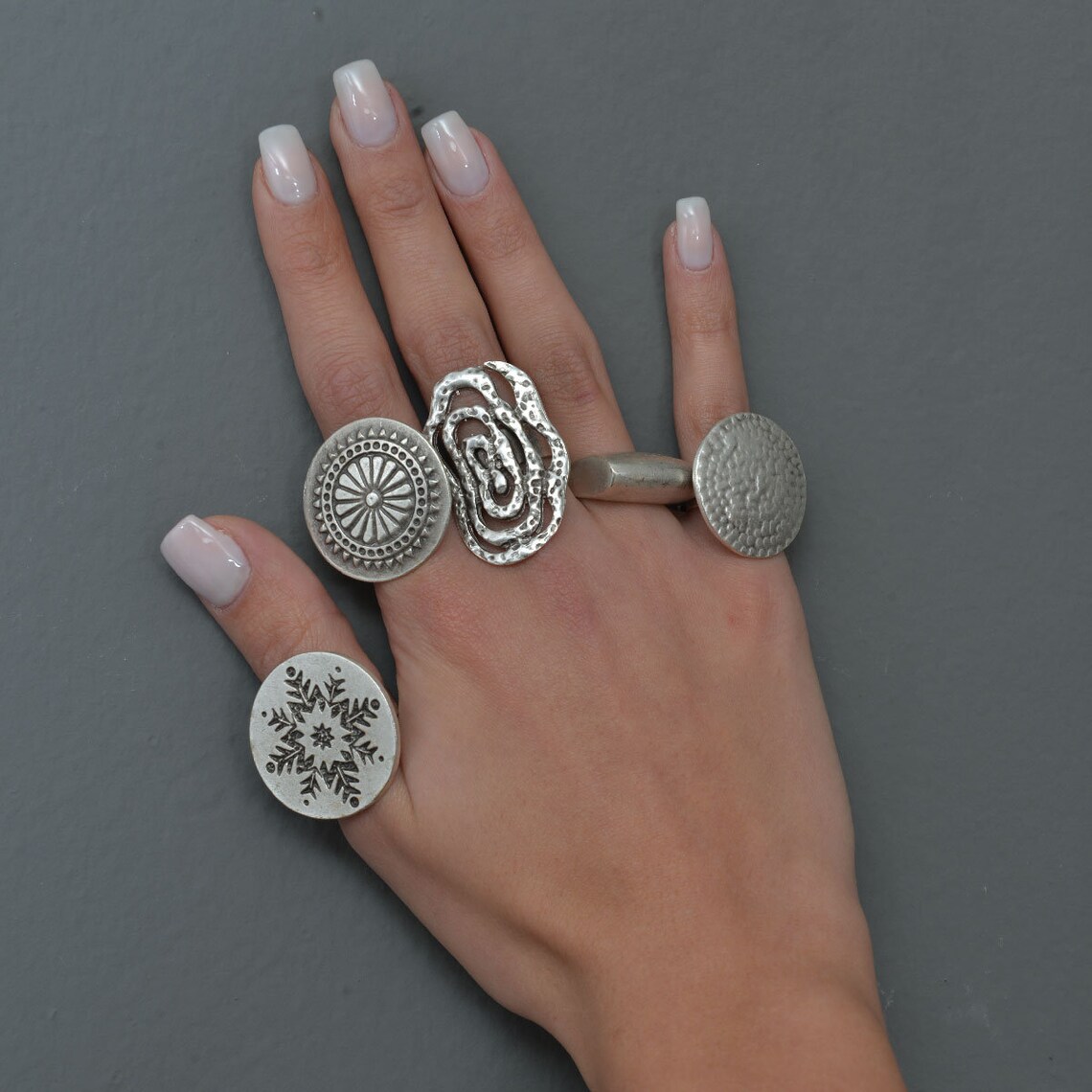 Chunky Perforated Adjustable Statement Ring, Silver Hammered Ring ...