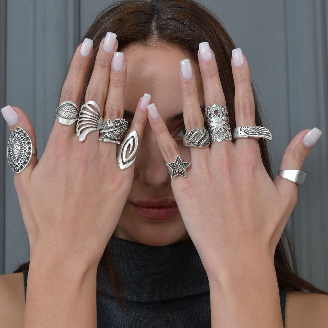 Antique Silver Long WAVE PARALLEL LINES Ring, Boho Minimalist Modernist ...