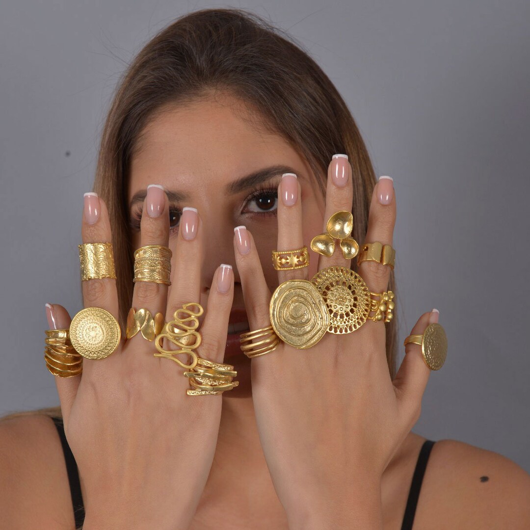 14K Gold Elegant Rectangle Dome Unique Ring, Stylish Boho Dainty Signed ...