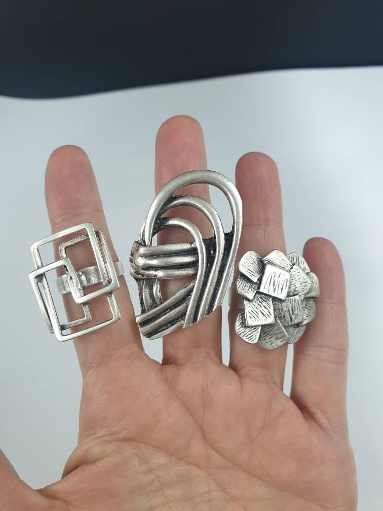 Boho Unique Chain Figured Circular Square Rectangle Silver Ring ...
