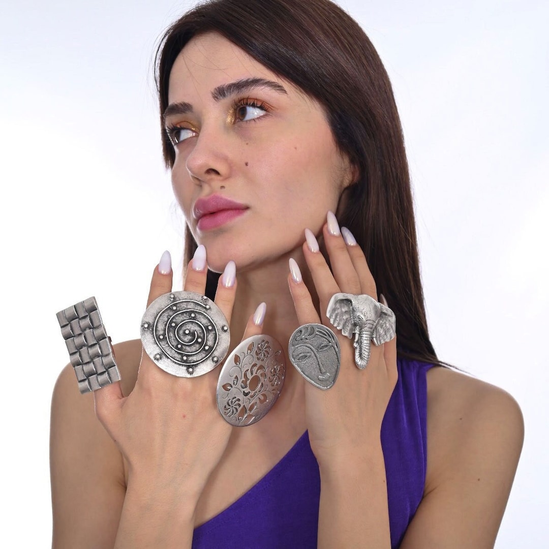 Big Silver Statement Rings, Large Adjustable Chunky Rings, Boho Style ...