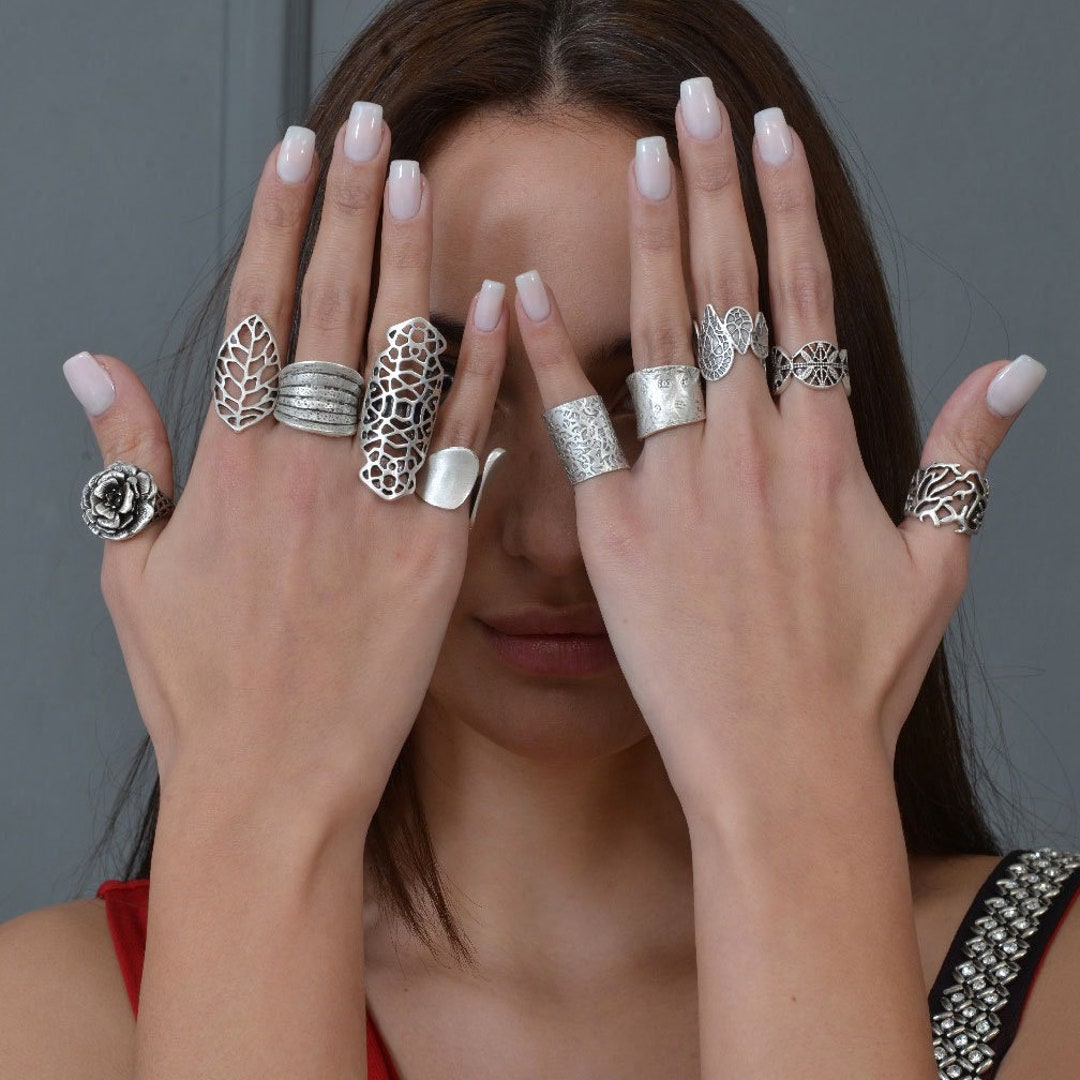 Silver Soft Floral Curve Ring, Organic Shape Adjustable Layered Chic ...