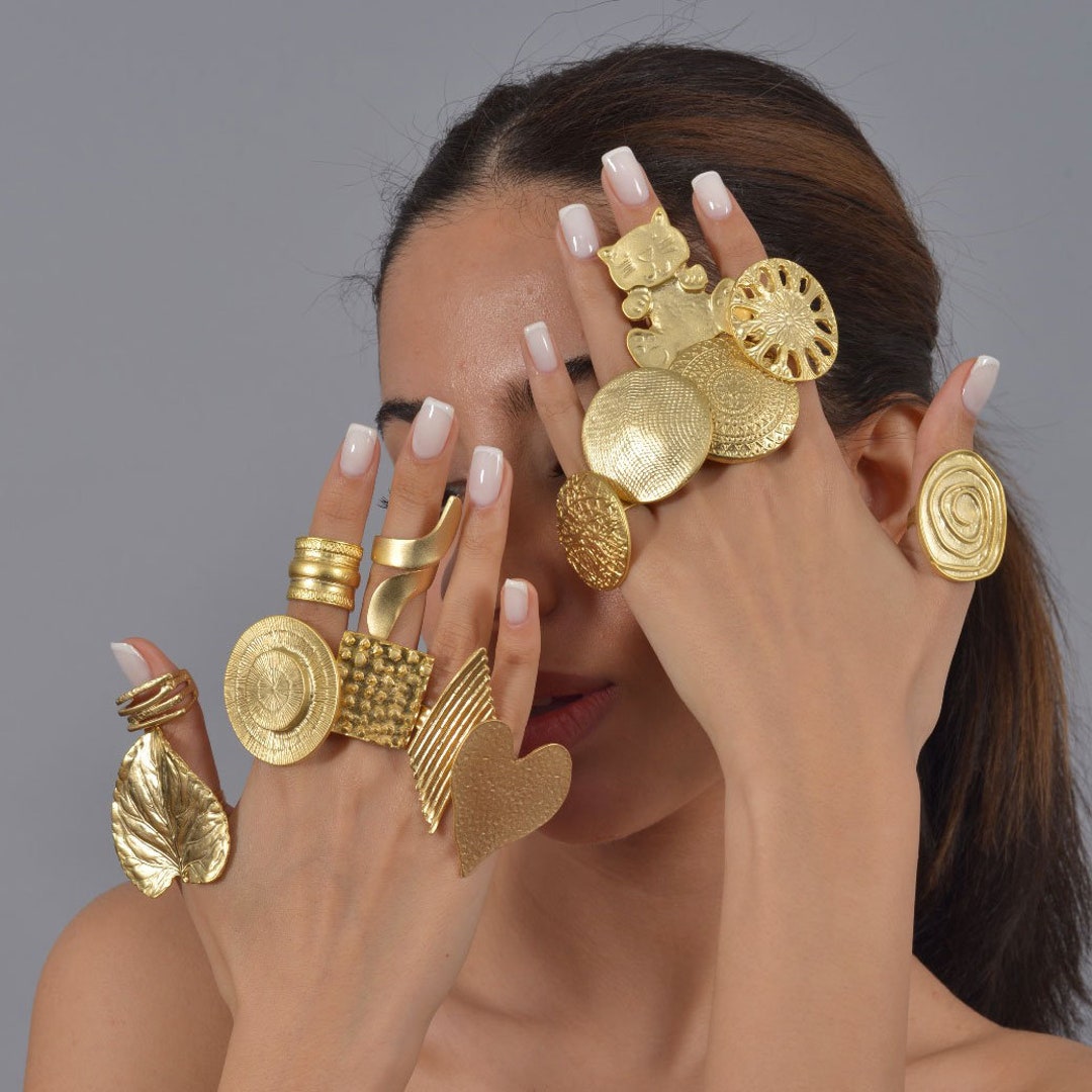 Gold Full Finger Adjustable Inspired Flowery Ring, Large Boho Aesthetic ...