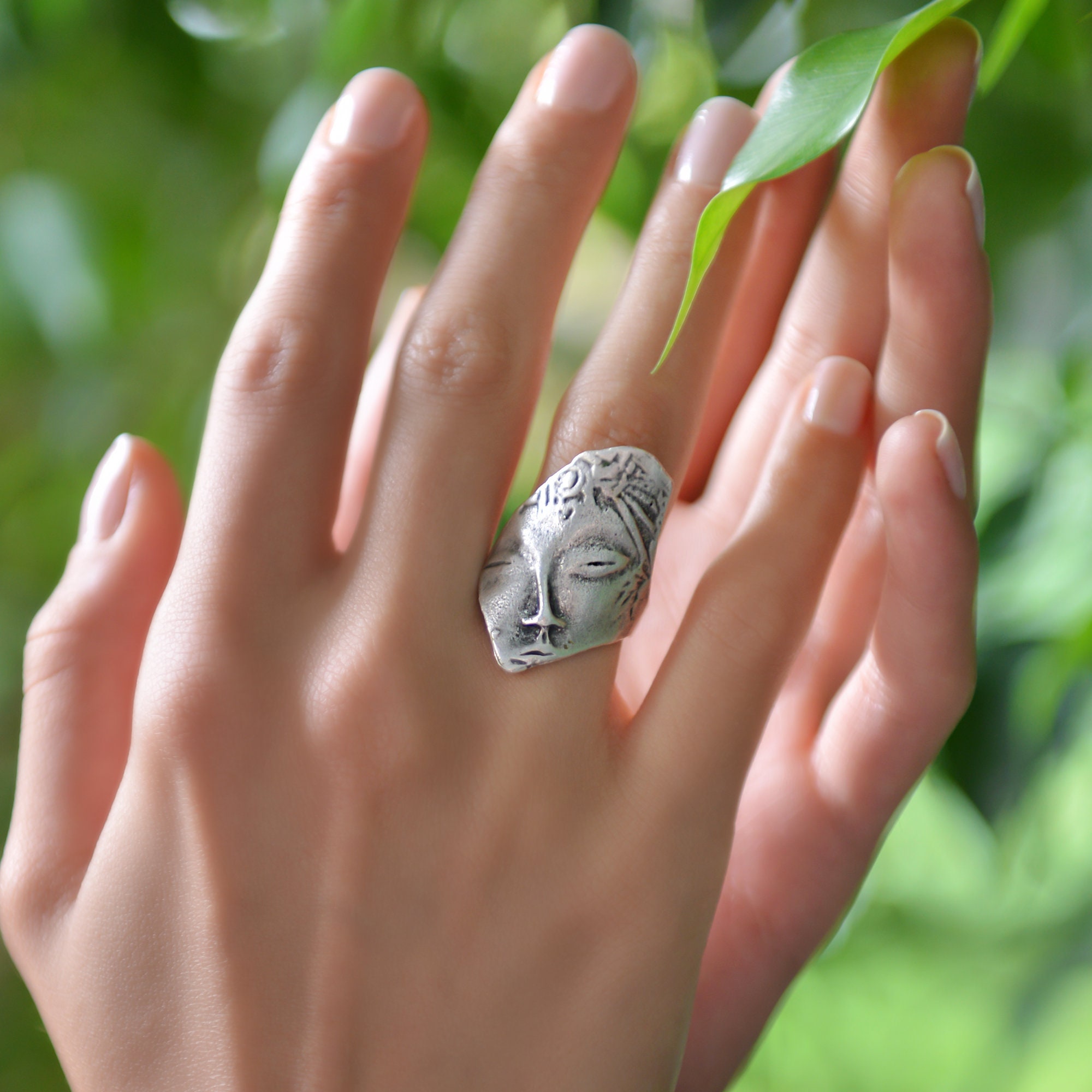 Antique Silver Face Ring, Silver Adjustable Ring, Statement Silver Ring ...