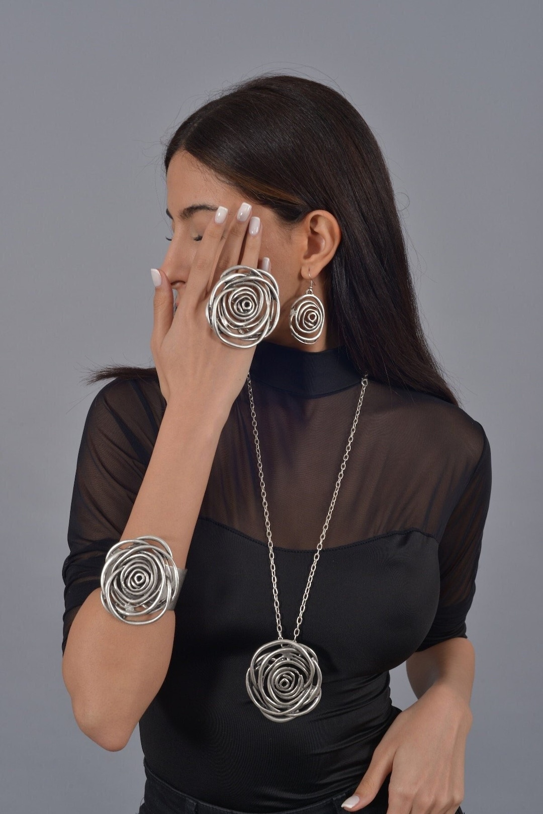 Wire Necklace Cuff Bracelet Ring Set, Adjustable Ring, Silver Chunky ...