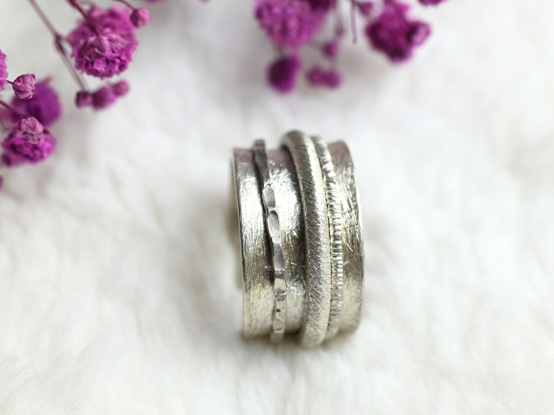 Wide Matte Ring in 925 Silver With Rotating Bands - Etsy