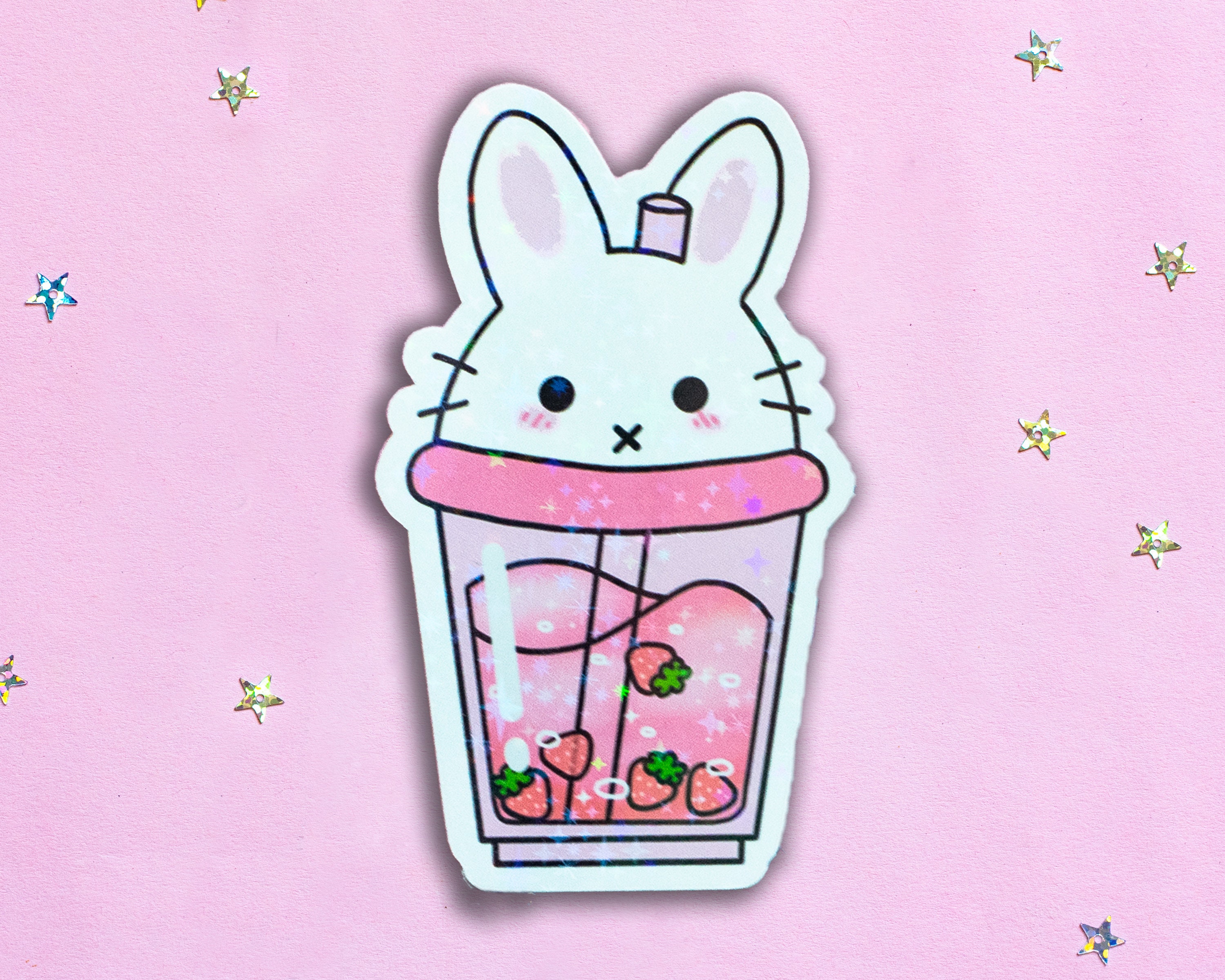 Boba Bunny Holographic Star Effect Kawaii Sticker Bubble | Etsy