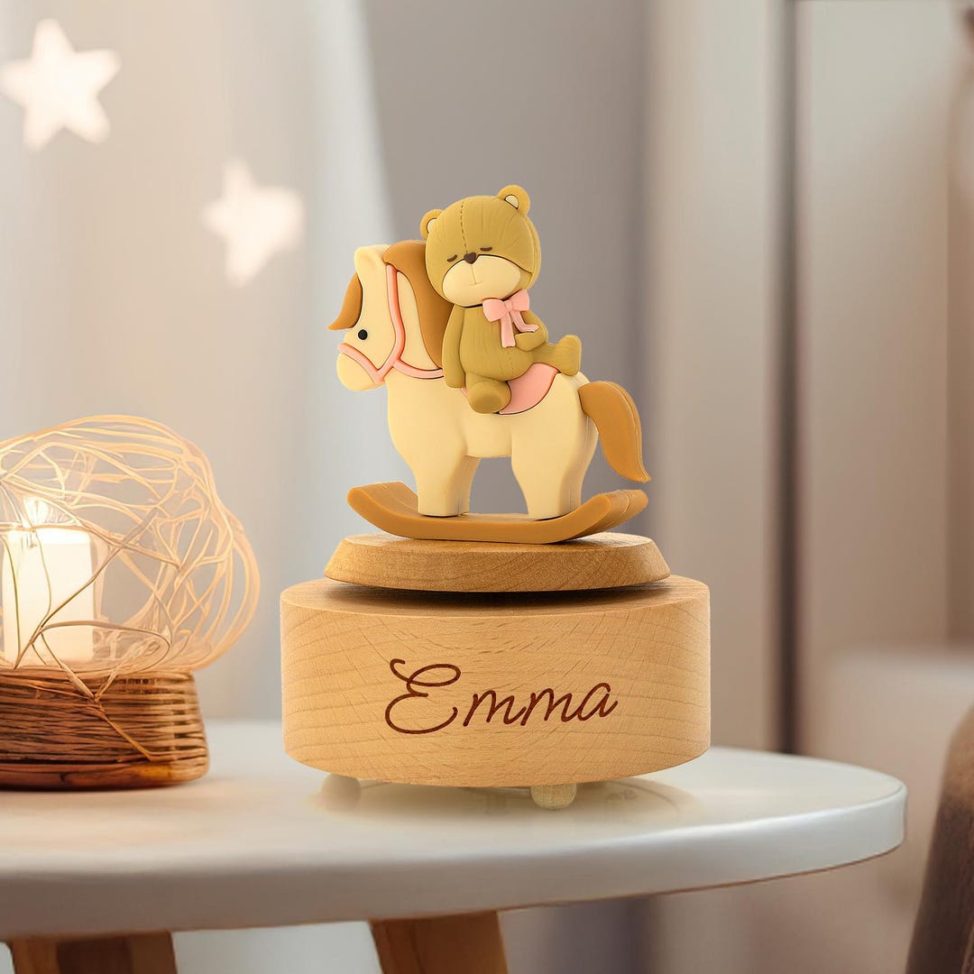 Personalized Wooden Music Box | Engraved Name Carousel | Baby Shower ...