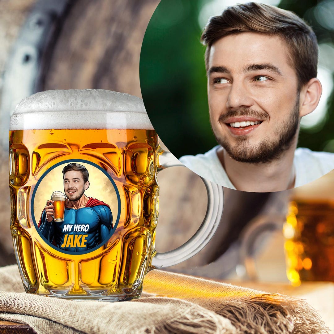 Personalized Superhero Caricature Beer Mug | Funny Gift for Men - Etsy