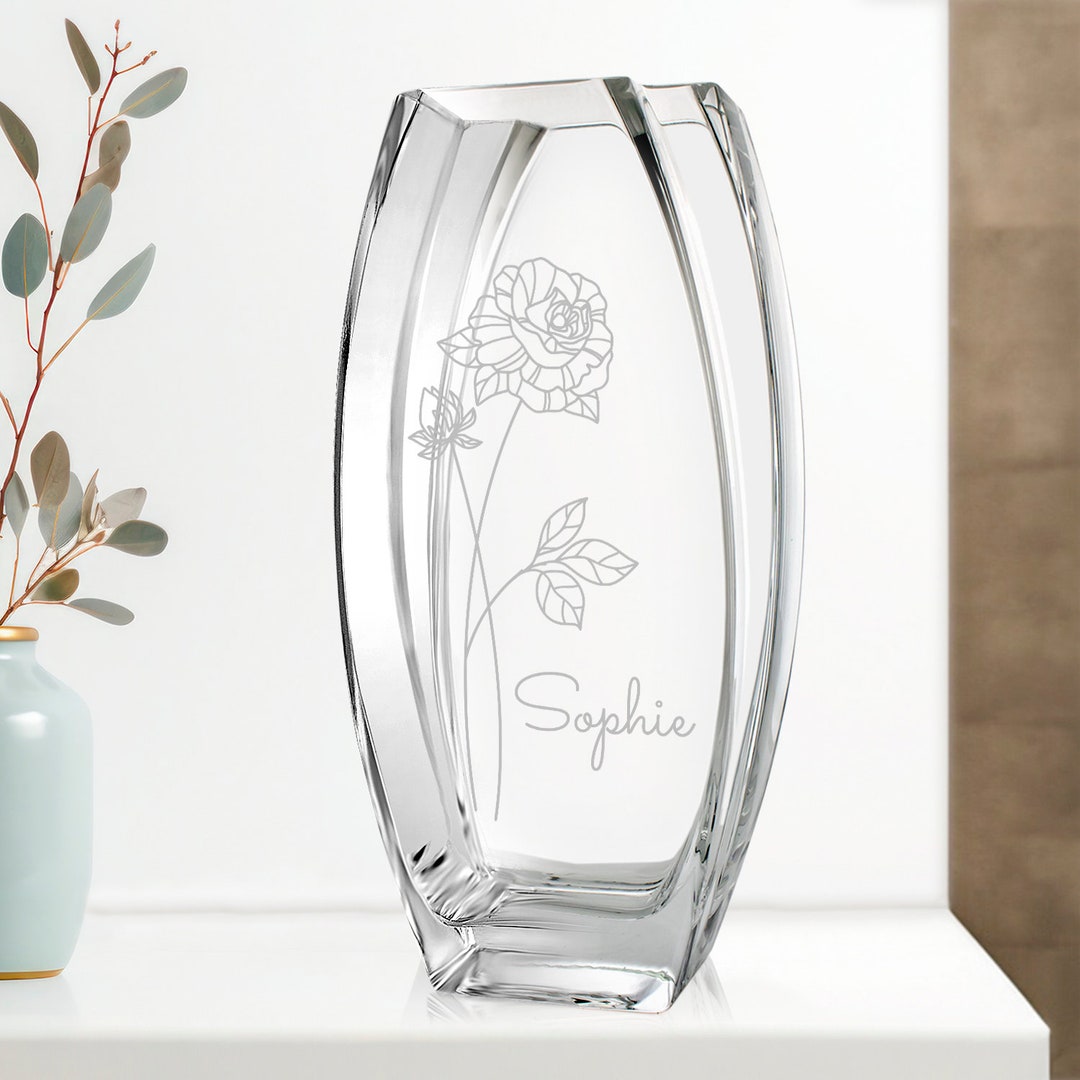 Personalised Flower Vase With Name | Birth Flower Engraved Vase ...