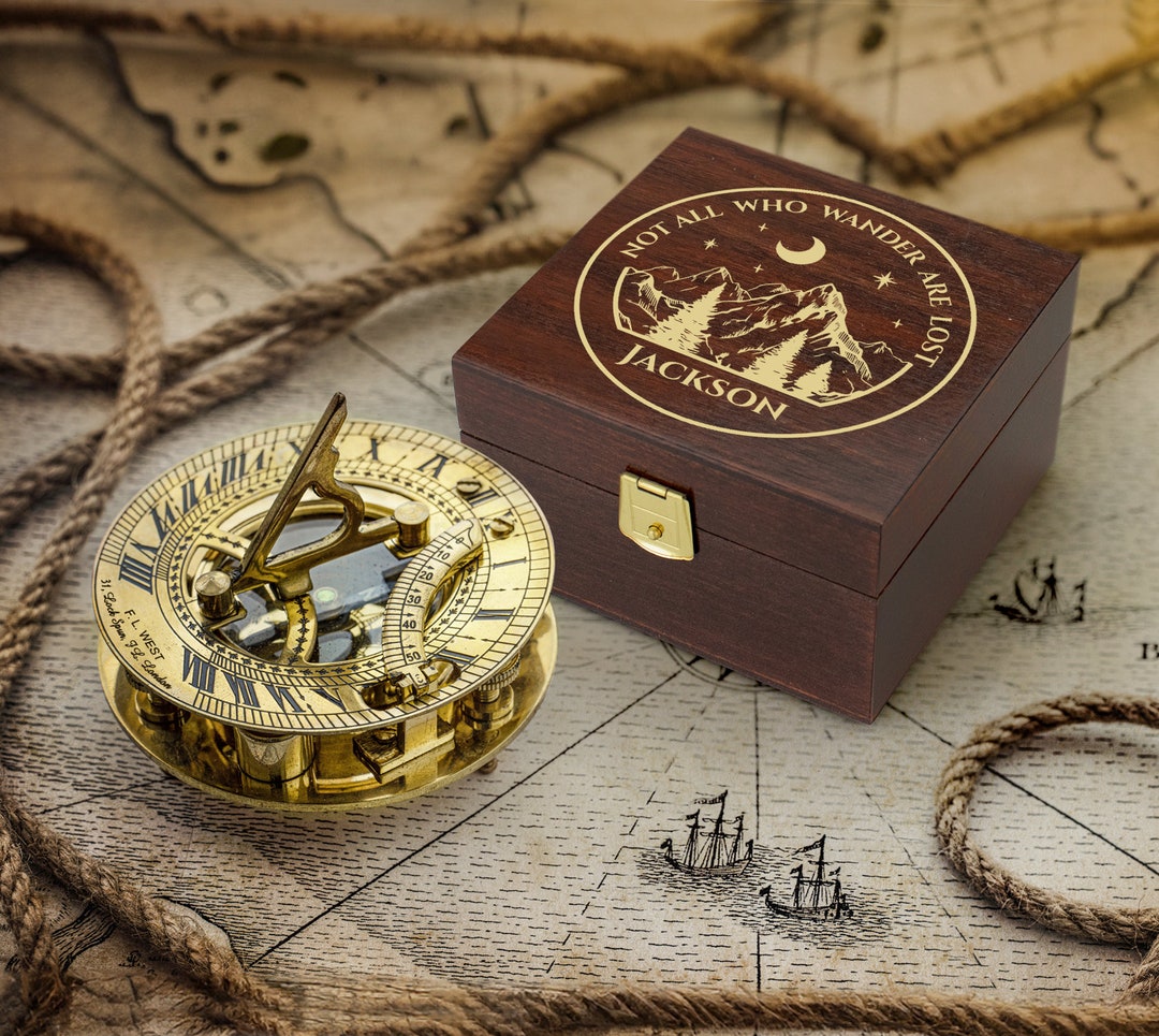 Personalized Brass Sundial Compass With Engraved Wooden Box - Etsy