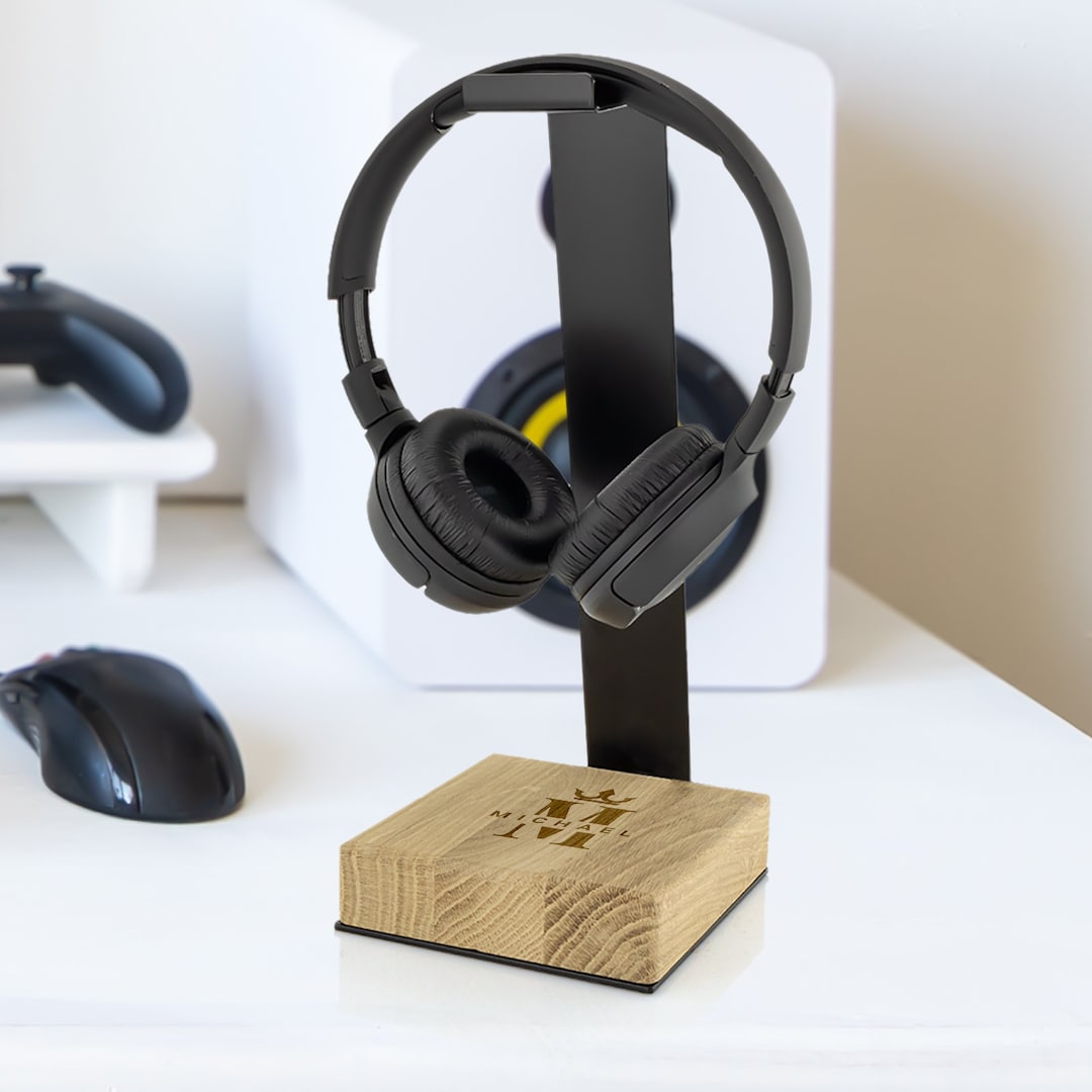 Personalized Oak Headphone Stand: Steel Arm Gaming Headset Hanger - Etsy