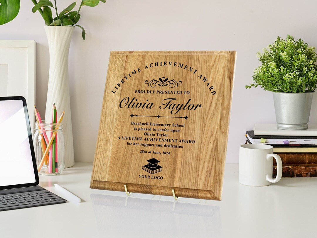 Custom OAK Wood Plaque Recognition With Logo | Achievement Award Trophy ...