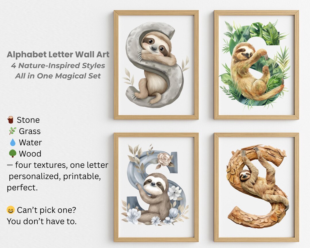 Letter S Clipart – Baby Sloth | 4 Nature Styles (stone, Grass, Water ...