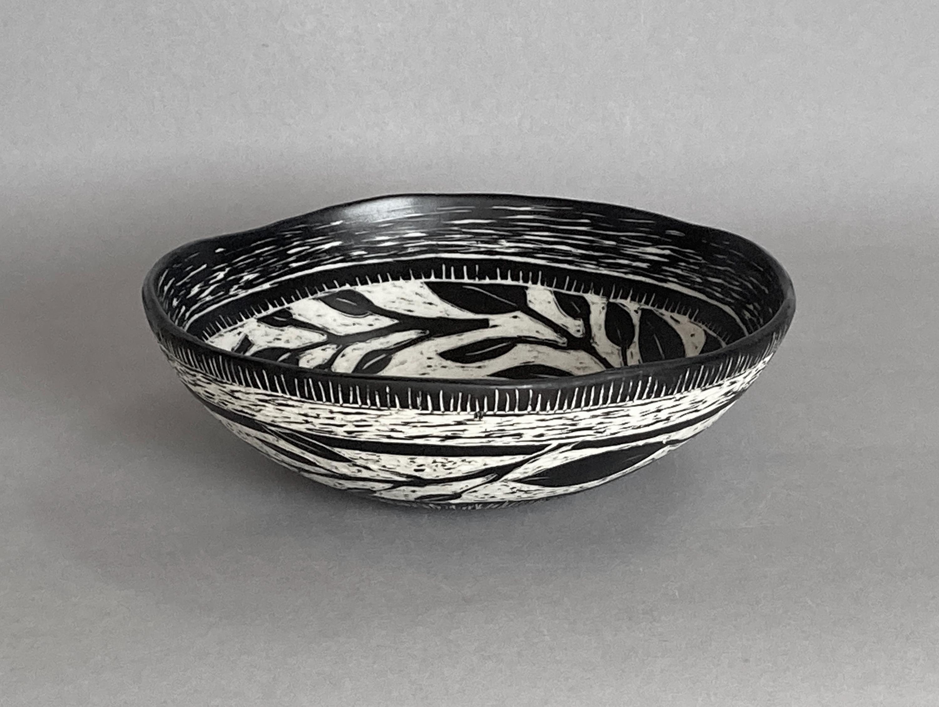 Sgraffito Bowl: Black & White Circular Carved Leaf and Twig Design - Etsy