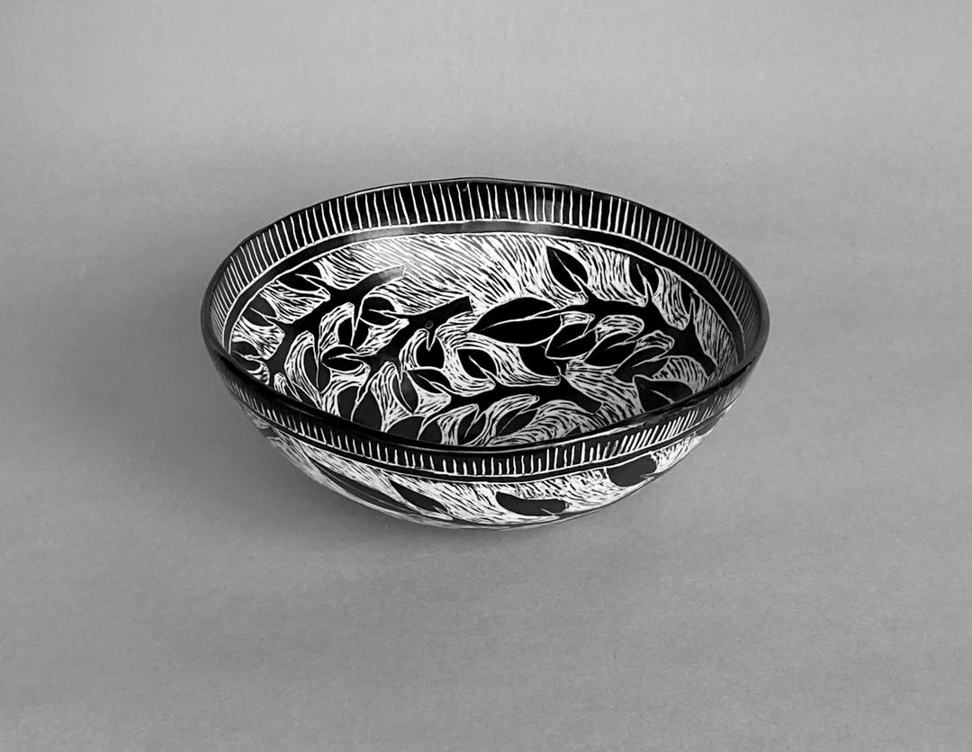 Sgraffito Bowl With Black and White Carved Spiral of Leaves - Etsy
