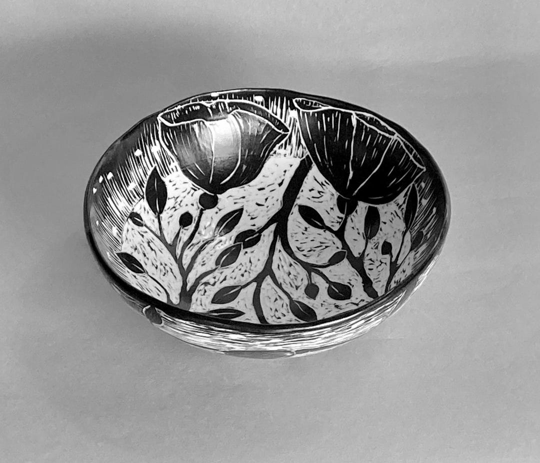 Sgraffito Bowl With Three Big Poppies and New Poppy Buds - Etsy