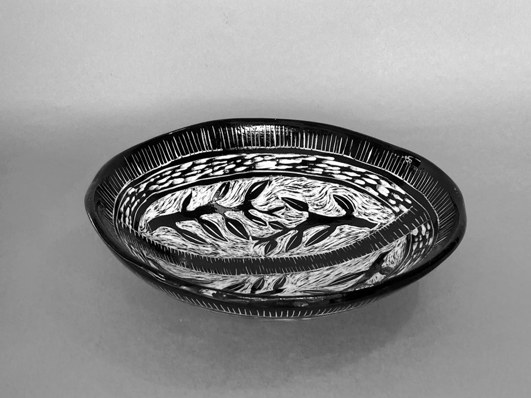 Sgraffito Bowl Black and White Carved Design With Twigs and Lines - Etsy