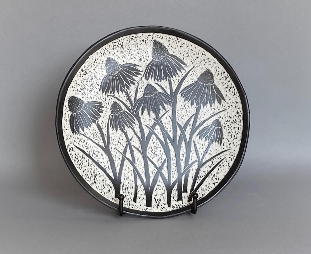 Sgraffito Plate: Black & White Carved Coneflowers - Etsy