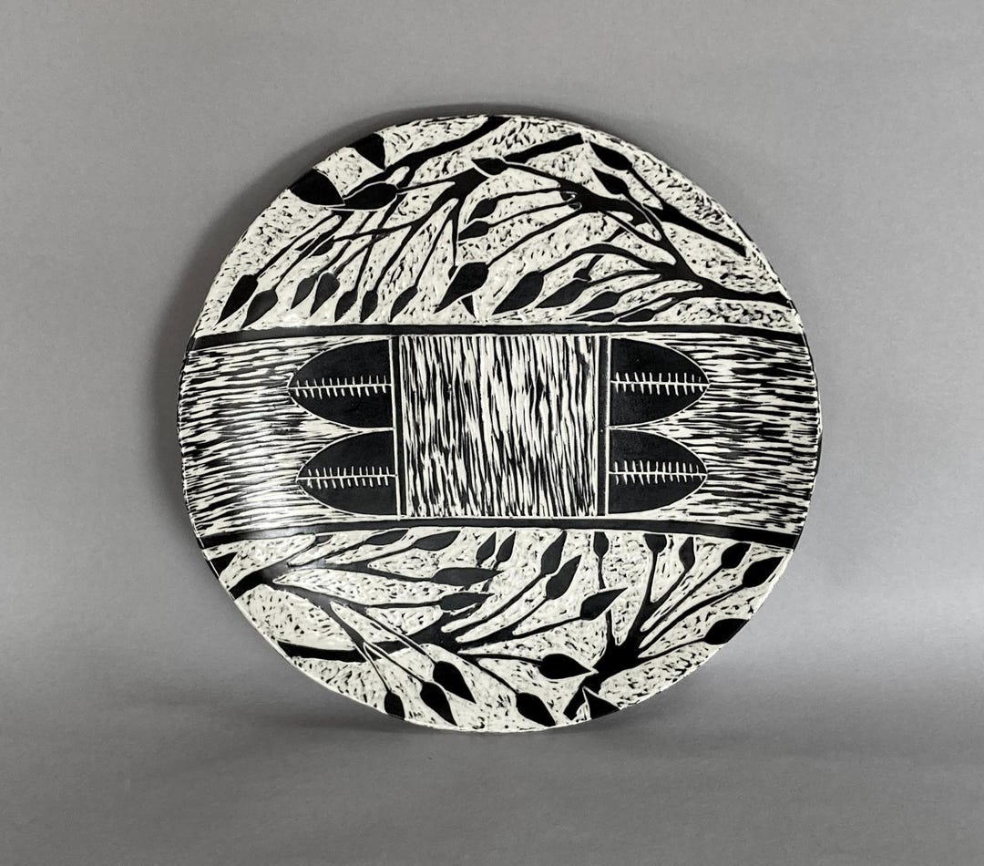 Sgraffito Plate With Black and White Carved Branches and Woodcut ...