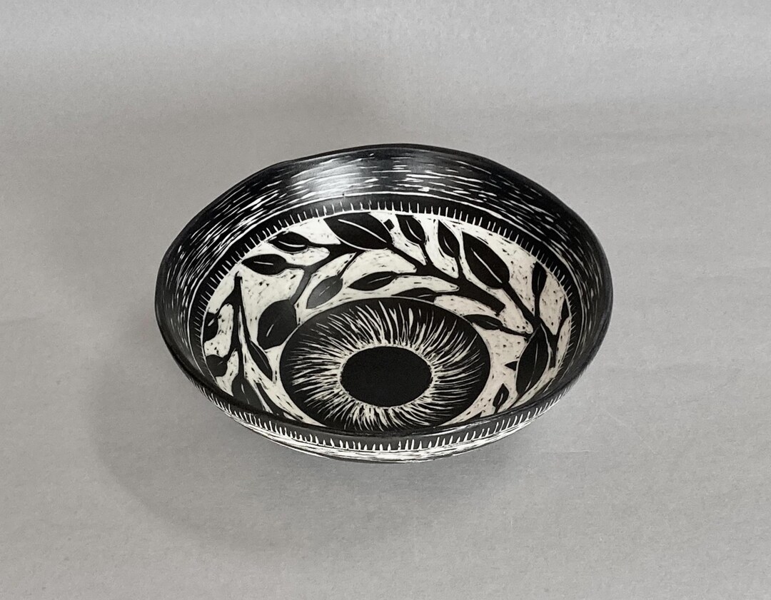 Sgraffito Bowl: Black & White Circular Carved Leaf and Twig Design - Etsy