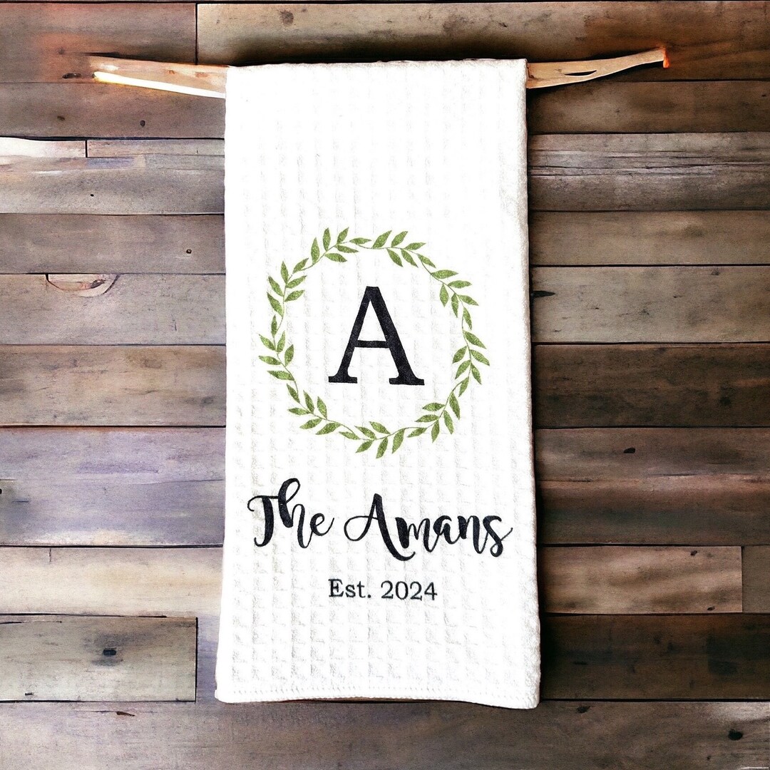 Personalized Name Dish Towel Family Kitchen Towel Sage Green Wreath ...