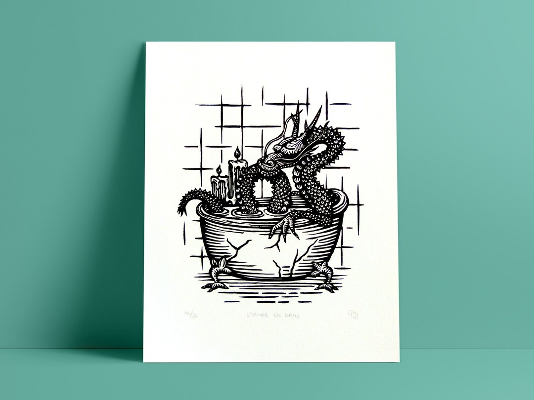 Dragon Linocut Taking a Bath Black and White Poster 24 X 30 Cm - Etsy