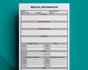 Health Information Printable, Medical Information List, Digital Print ...
