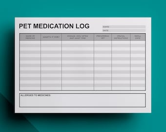 Printable Pet Medication Chart, Pet Medication Log, Cat Medication ...