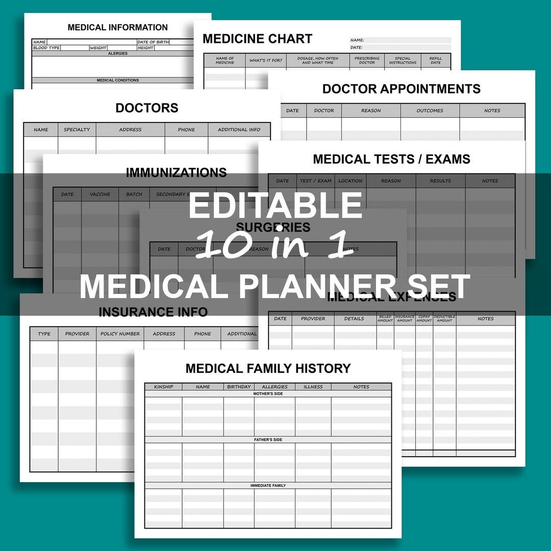 Medical Planner - 10 in 1 Bundle Editable Printable - Etsy