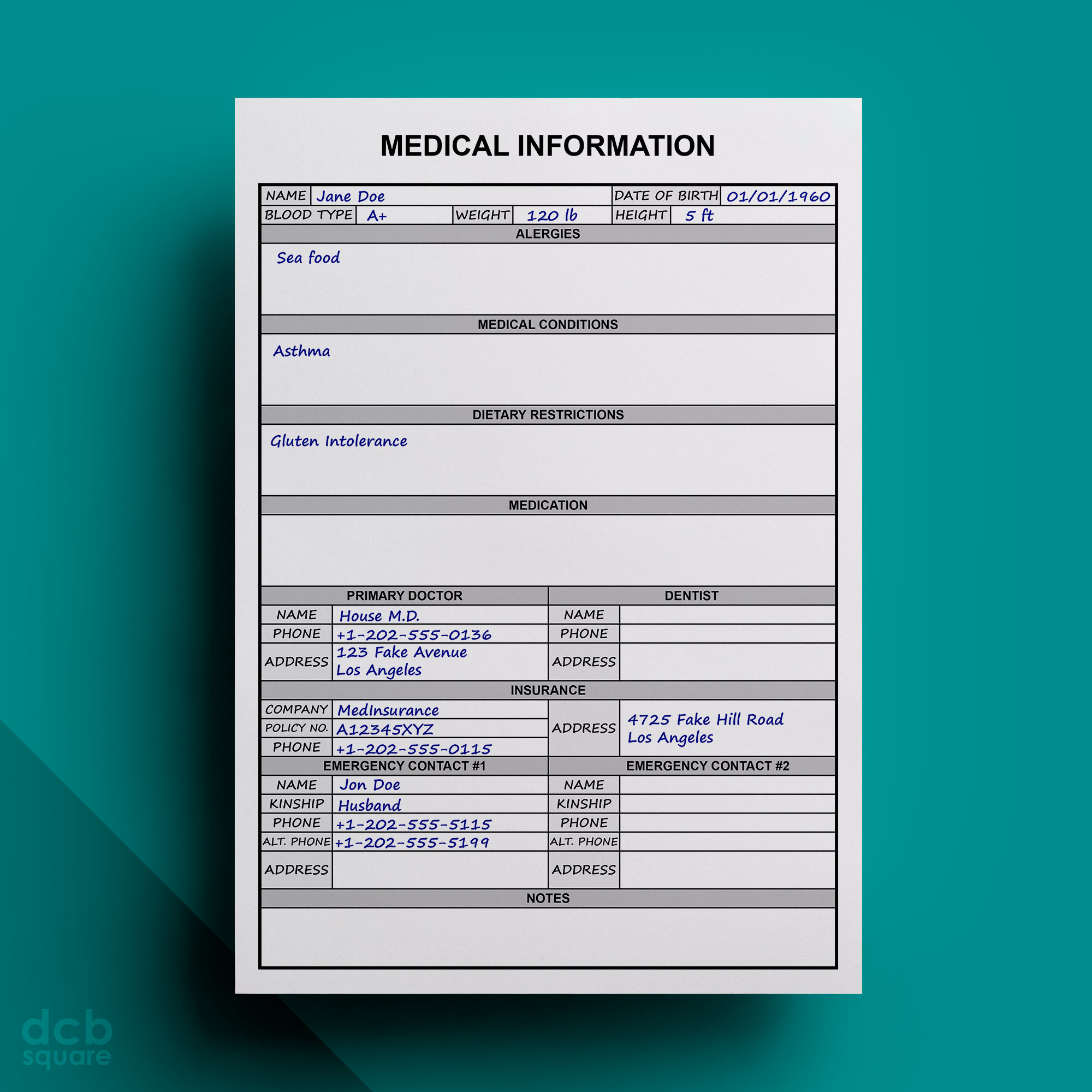 Medical Information Editable Printable - Etsy