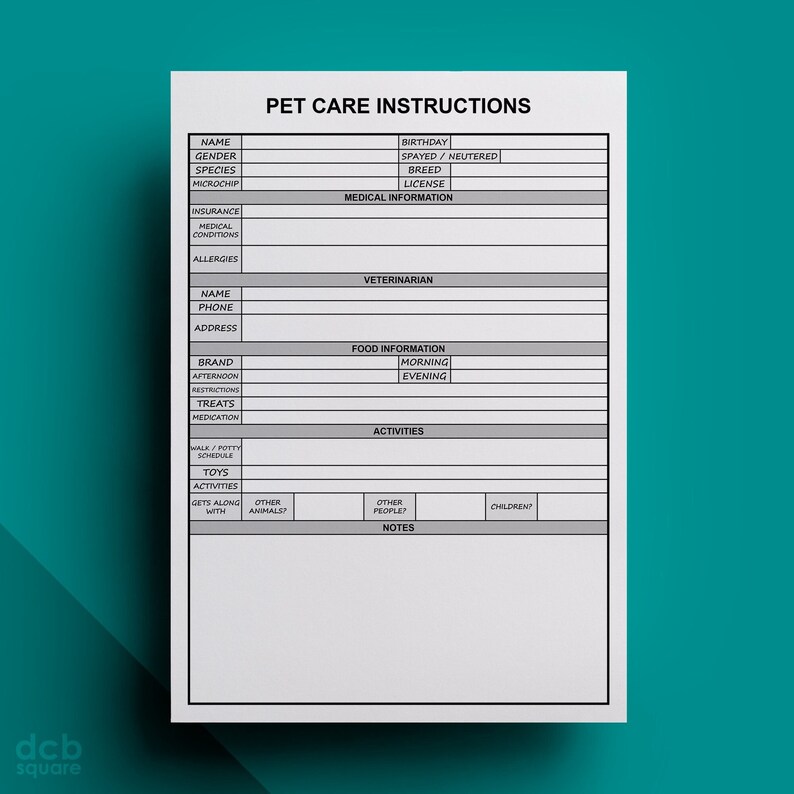 Pet Care Instructions Editable Printable - Etsy