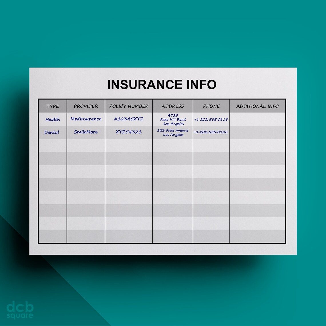 Insurance Info Editable Printable - Etsy