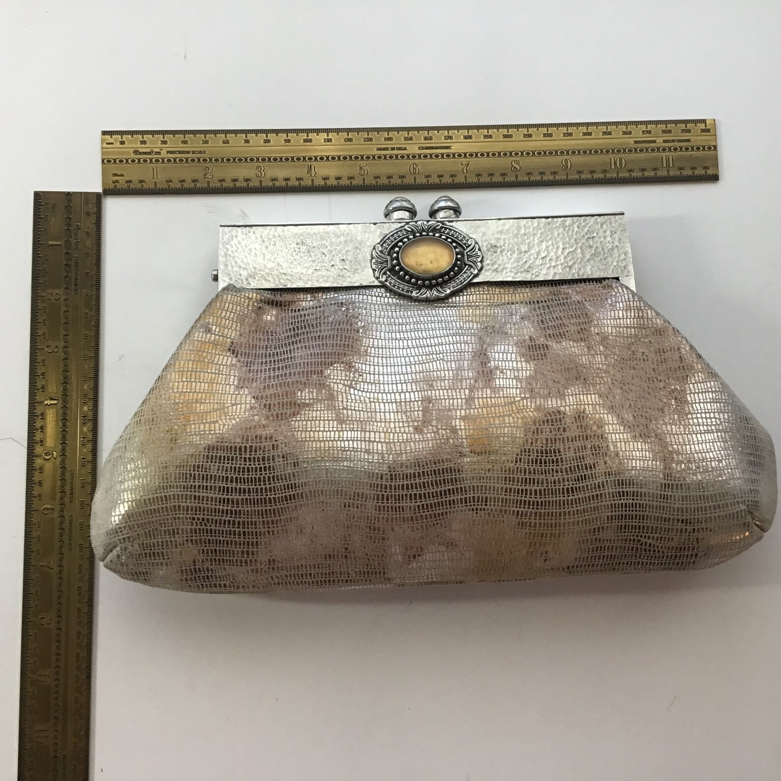 Moulin Rouge Handbag - Vienna Pewter Framed Leather Slim Clutch Lizard ...