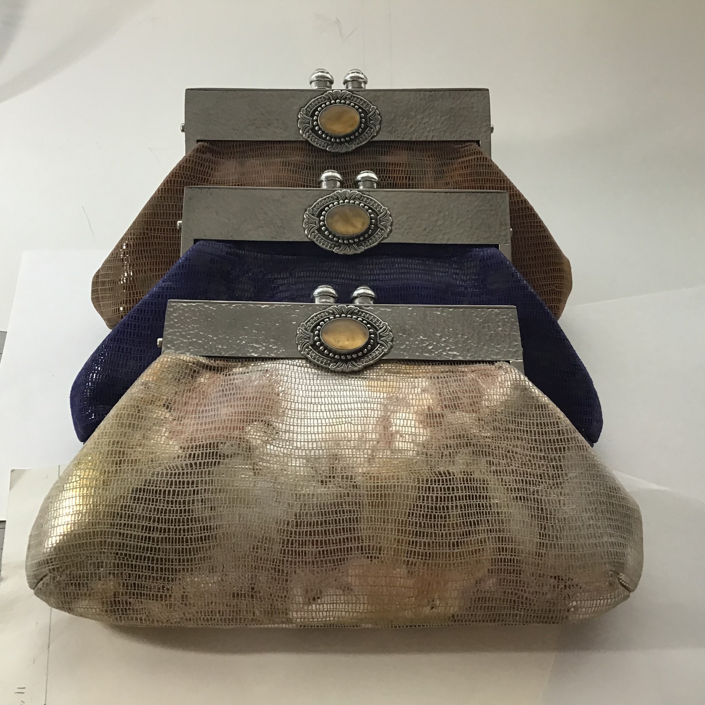 Moulin Rouge Handbag - Vienna Pewter Framed Leather Slim Clutch Lizard ...