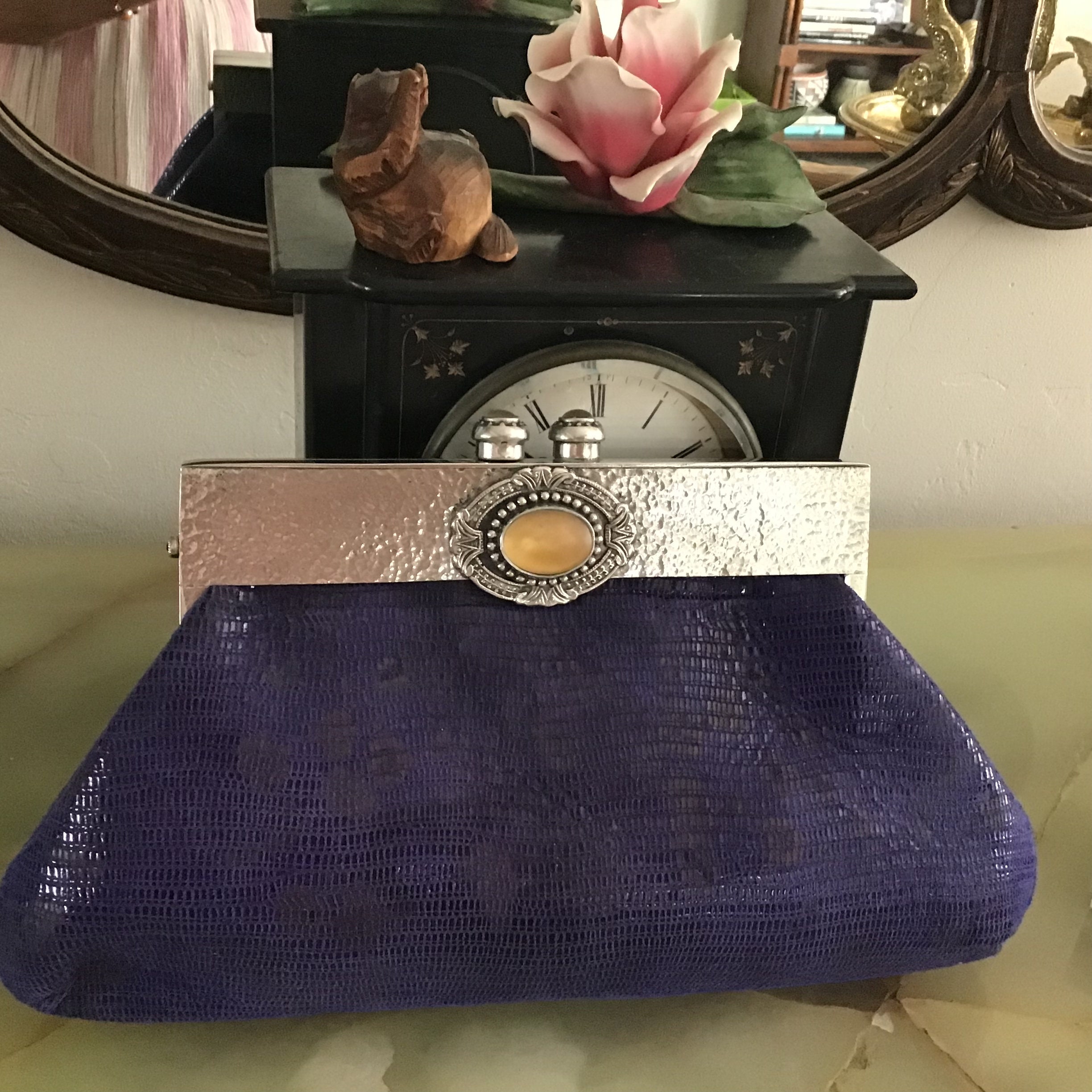 Moulin Rouge Handbag - Vienna Pewter Framed Leather Slim Clutch Lizard ...