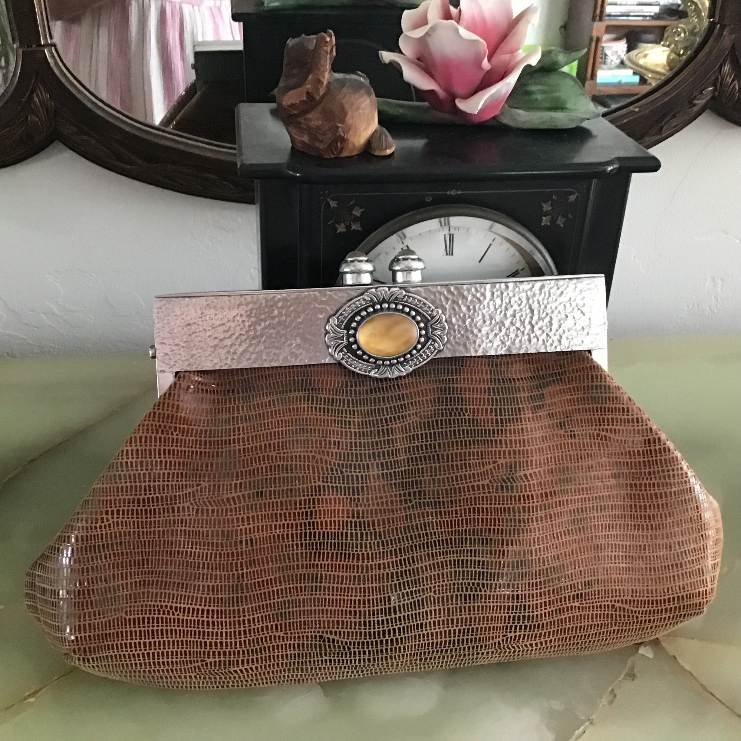 Moulin Rouge Handbag - Vienna Pewter Framed Leather Slim Clutch Lizard ...