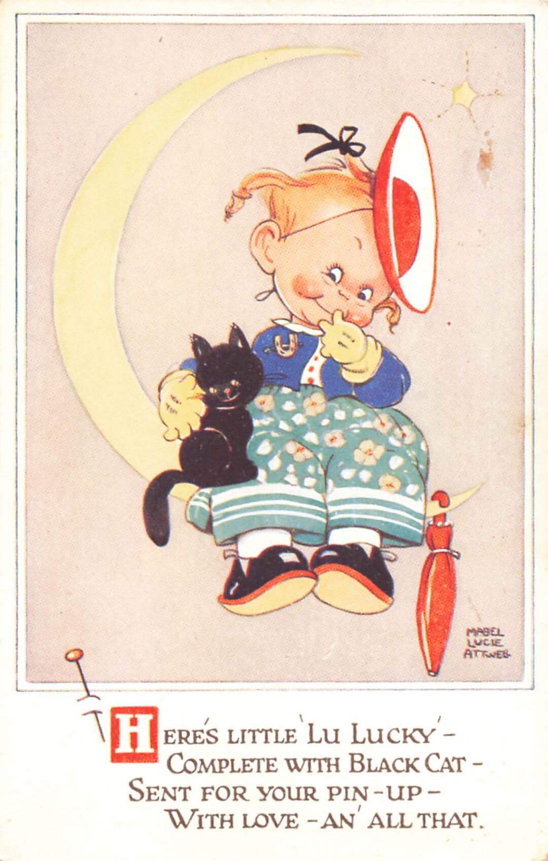 Mabel Lucie Attwell Lu Lucky Complete With Black Cat Vintage Postcard ...