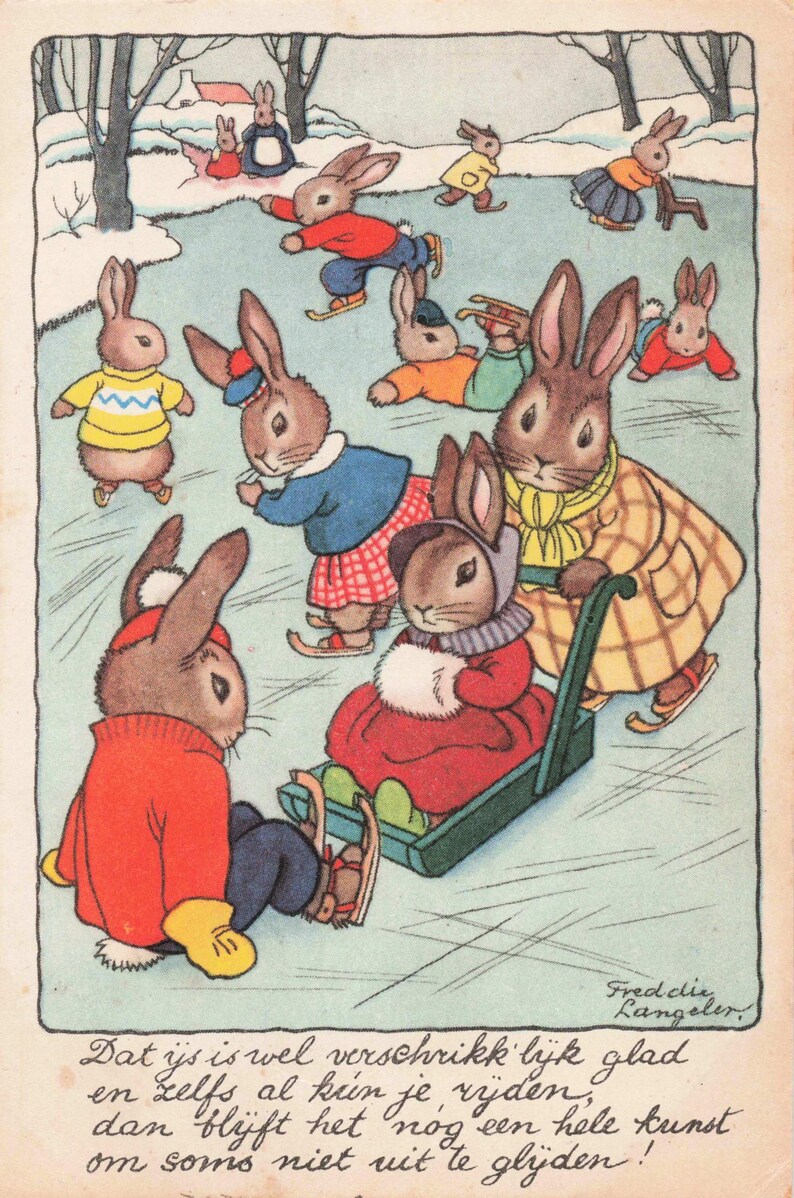 Group of Rabbits Playing on the Ice. Artist Freddie Langeler WW2 ...