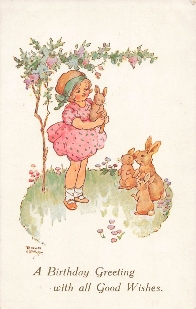 Florence Hardy Artist Girl With Family of Rabbits Birthday Greetings ...