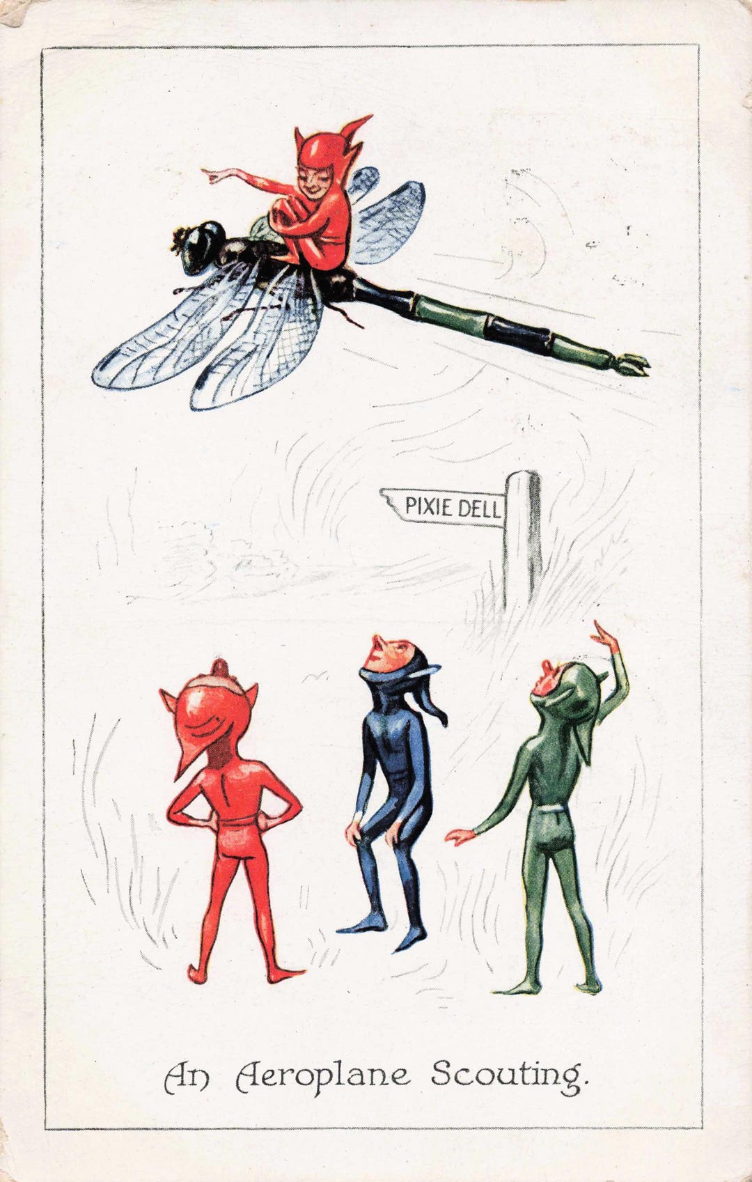 Vintage 1926 Comic Pixie Postcard an Aeroplane Scouting Dragonfly Rider ...