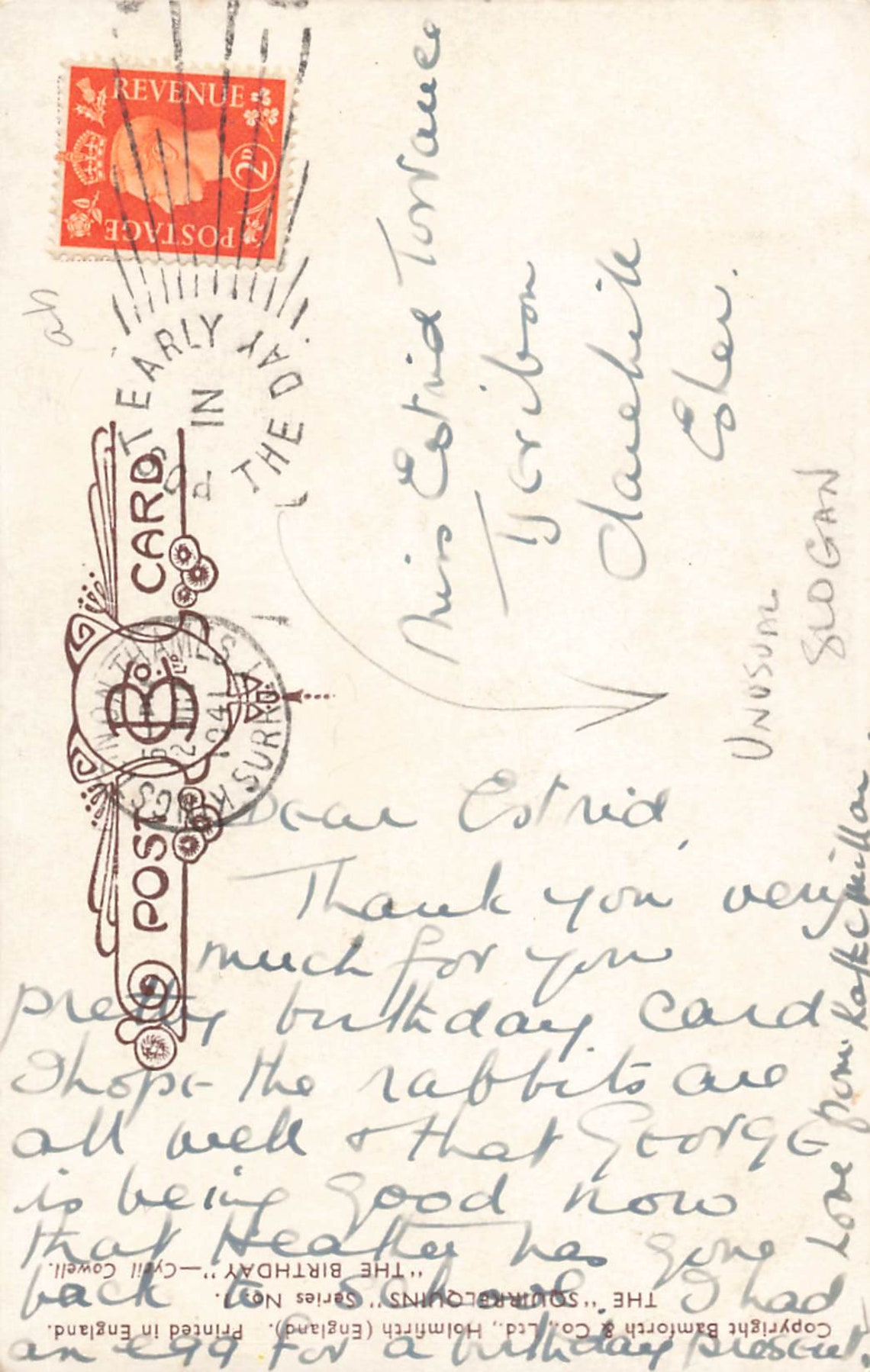Artist Cyril Cowell Fantasy Squirrels GPO Bird Delivering Birthday ...