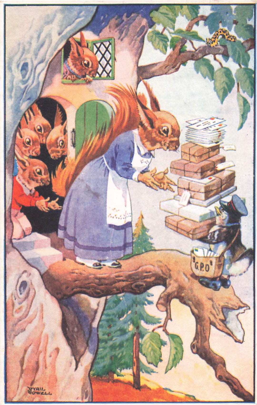 Artist Cyril Cowell Fantasy Squirrels GPO Bird Delivering Birthday ...
